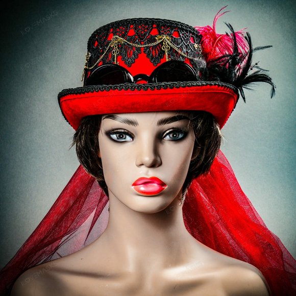ILOVEMASKS | Accessories | Red Gothic Goggle Women Elegant Party Hat ...